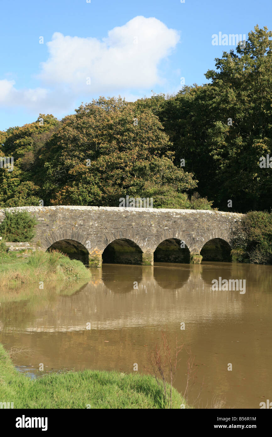 Sett bridge over River Fal near Ruan Lanihorne Cornwall England UK ...