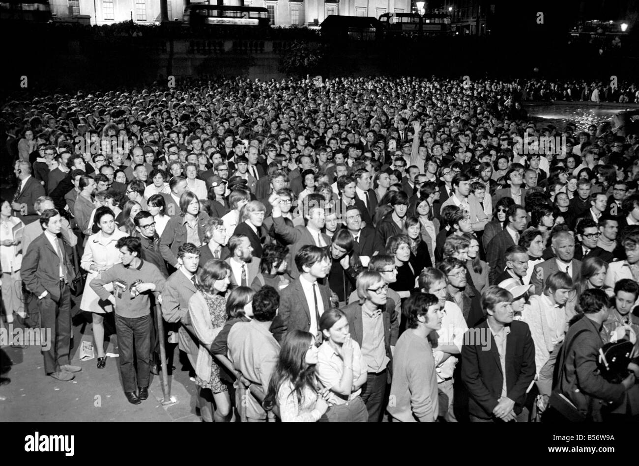 Election night scene in Trafalgar Square as people watch Ted Heath's ...