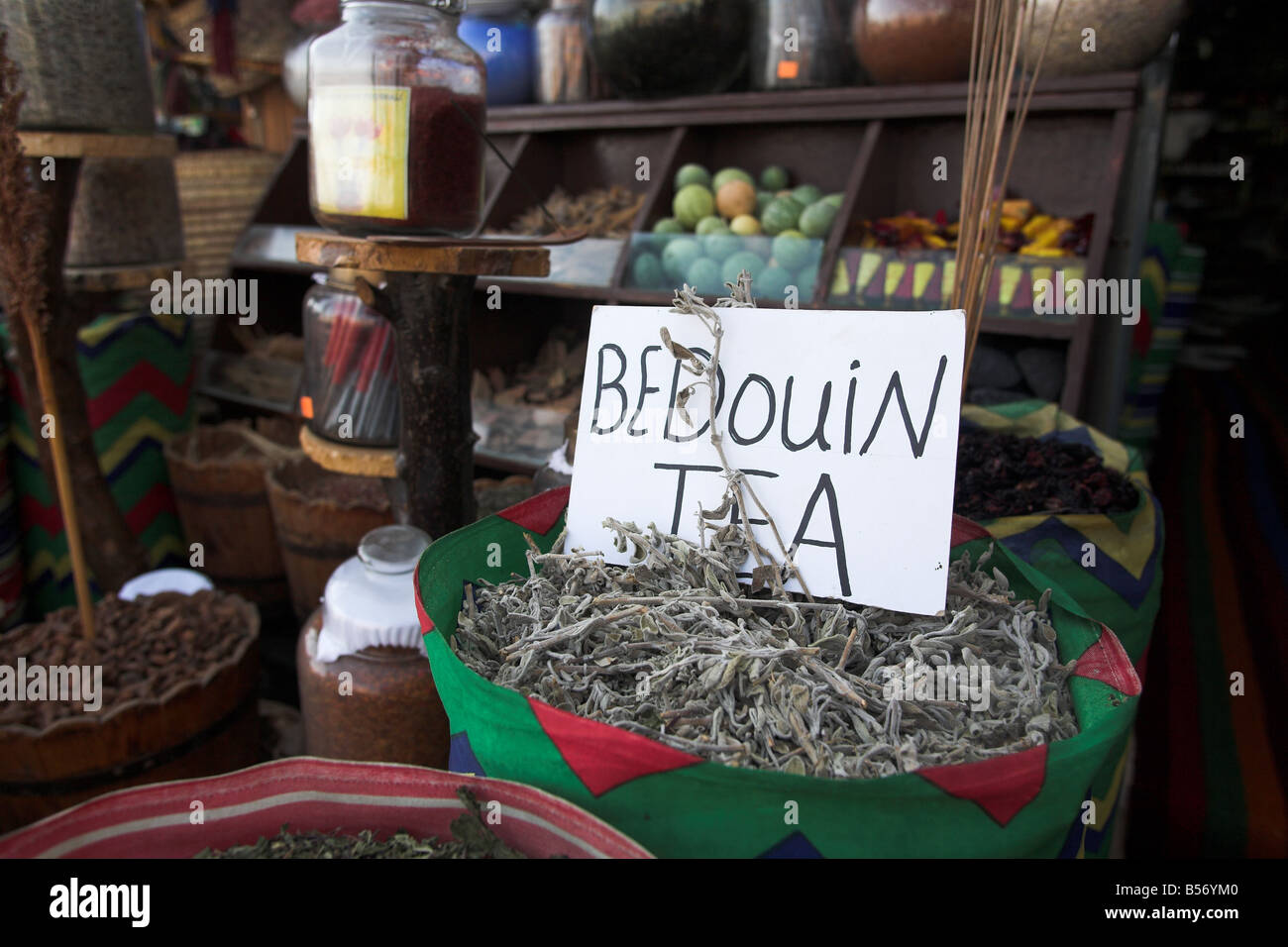 A souvenir shop displaying traditional bedouin tea in Dahab in the ...