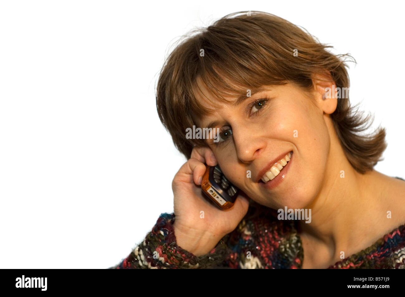 a beautiful women calling her love with a mobile phone on white ...