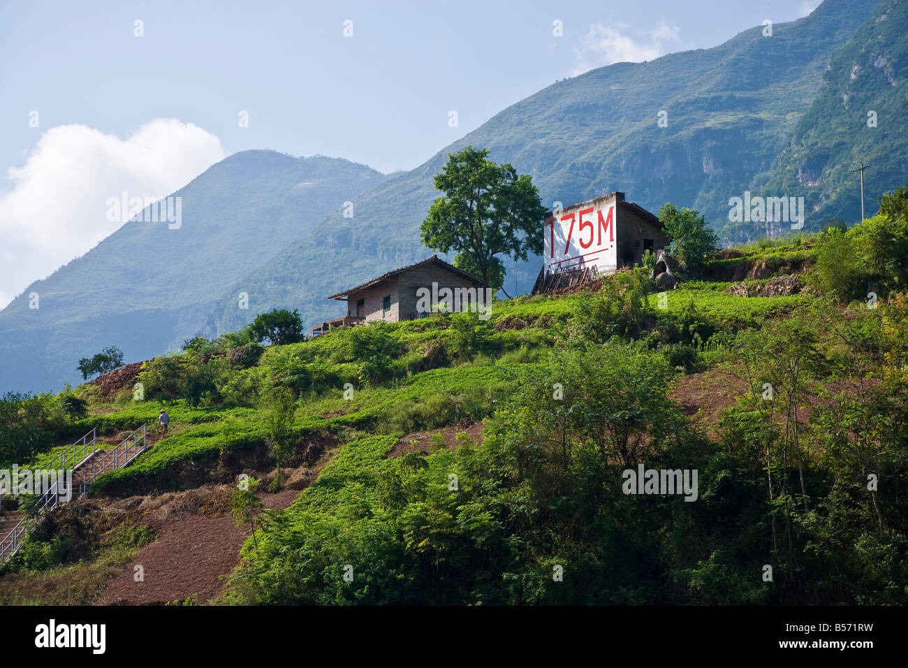 Depth sign 175m metre final high water level marker Daning River in ...