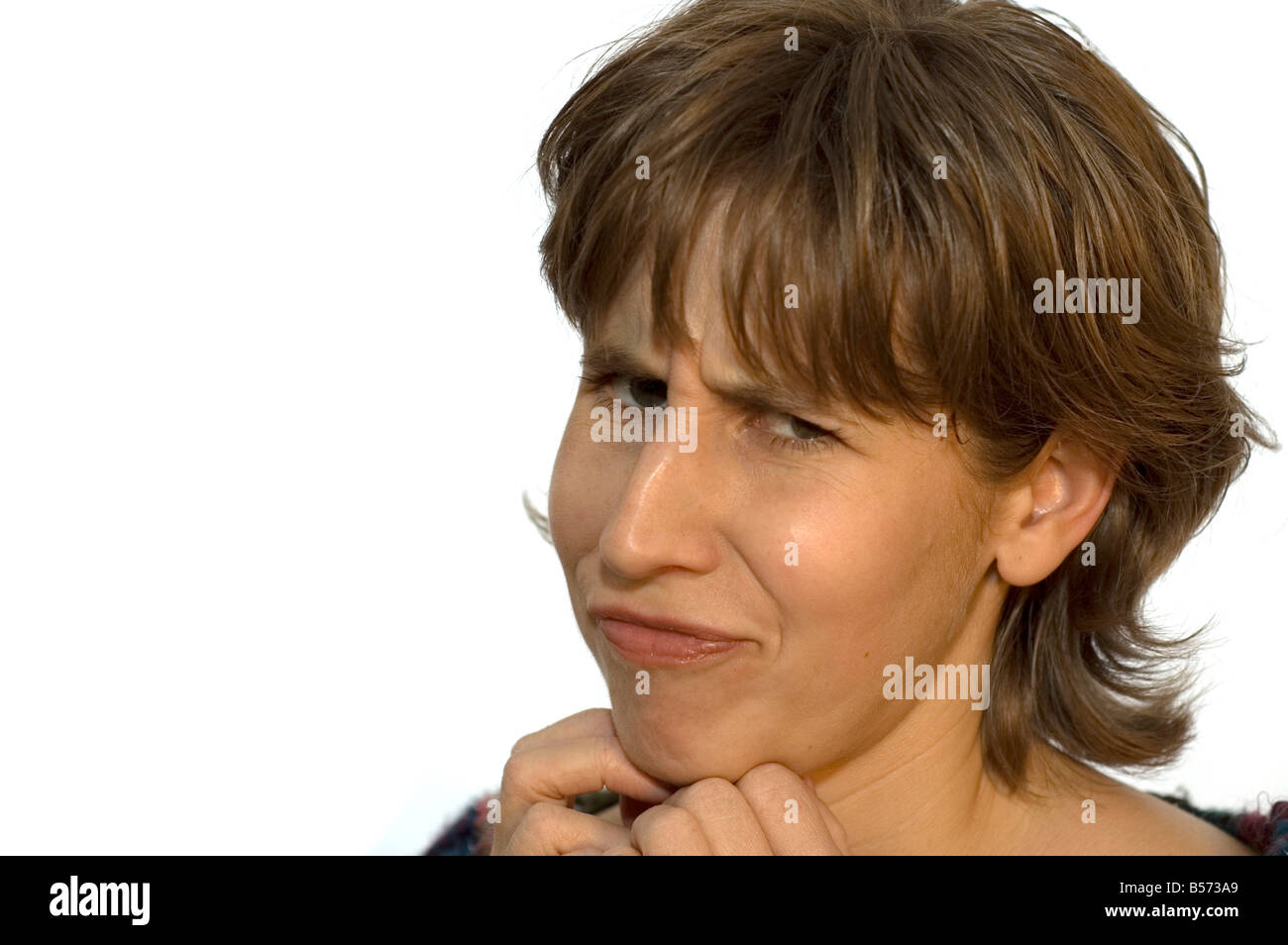 beautiful women who doesn t agree on white background Stock Photo - Alamy