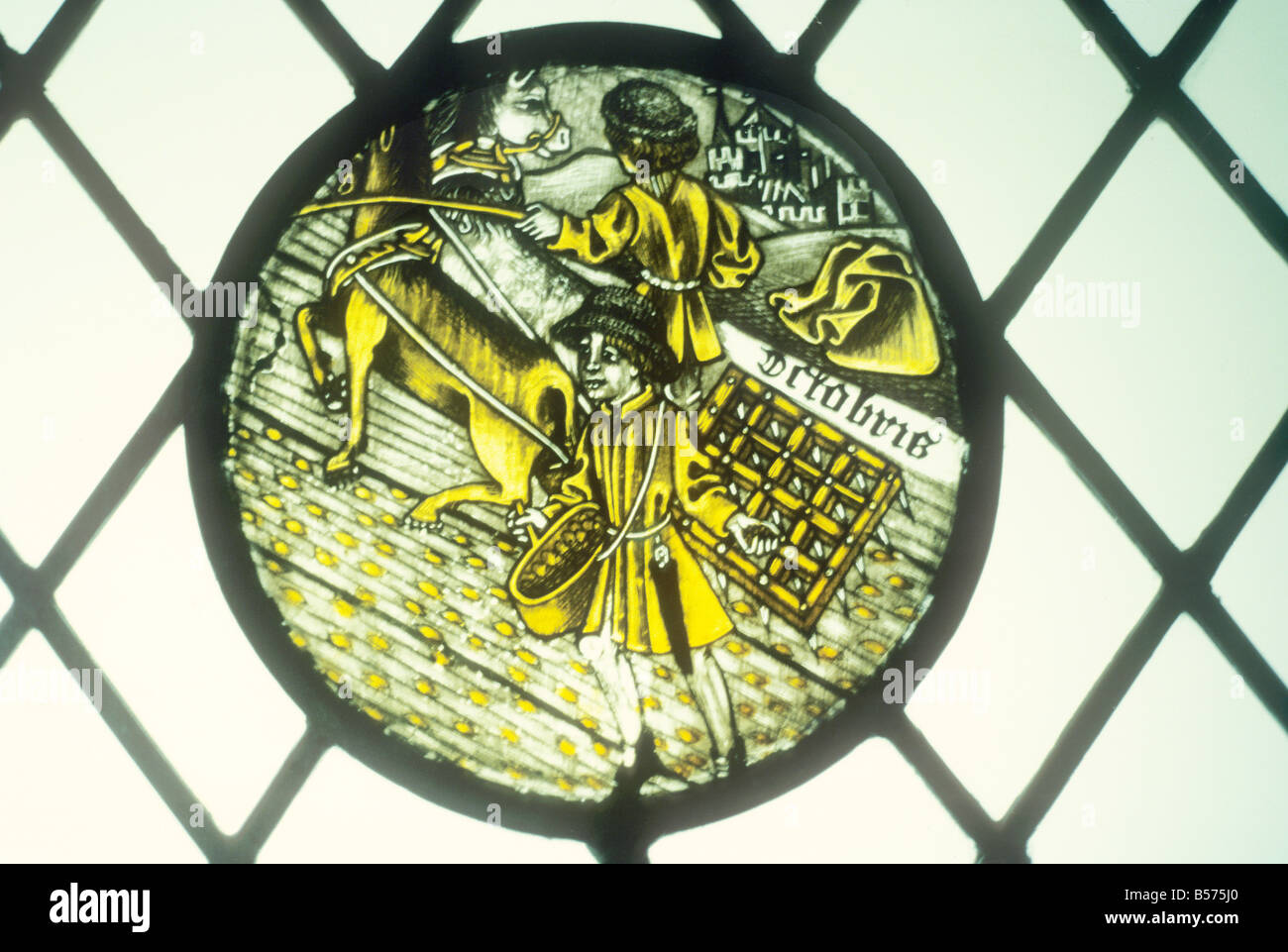 Medieval Stained Glass Roundel window October Sowing and Harrowing soil ...