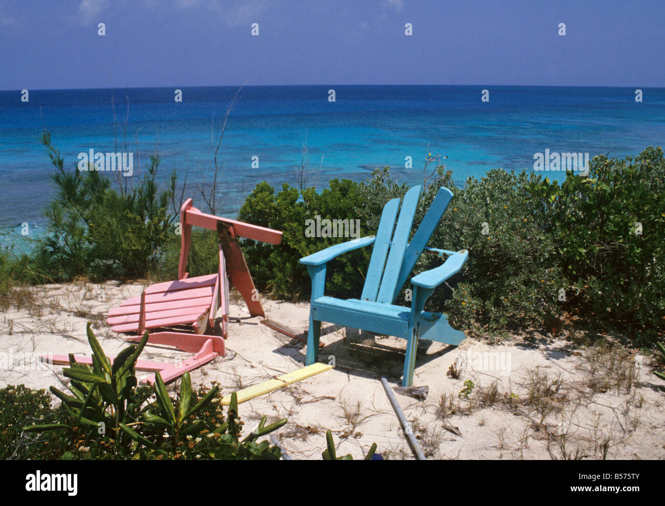 broken chairs abandoned on the waterfront Blue Lagoon Bahamas Caribbean ...