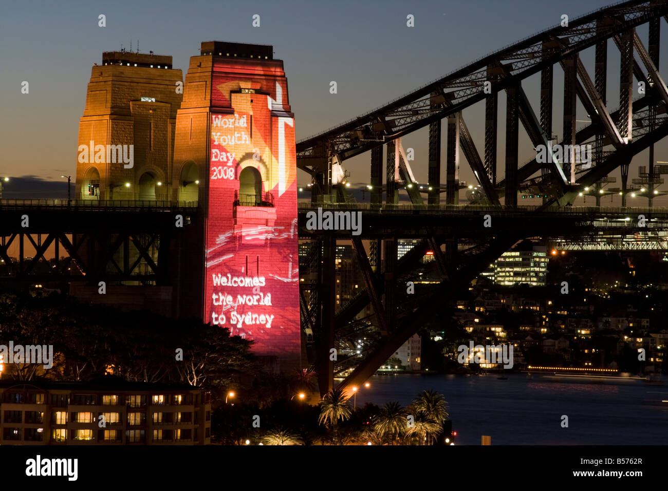 The south pylon of the Sydney Harbour Bridge is illuminated with ...