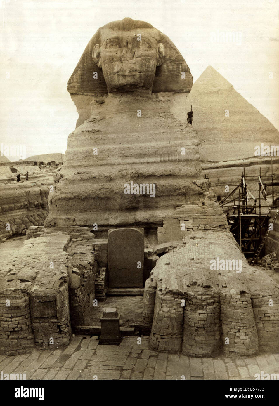 The Great Sphinx guarding the pyramids Egypt Statue Circa 1910 1910s ...