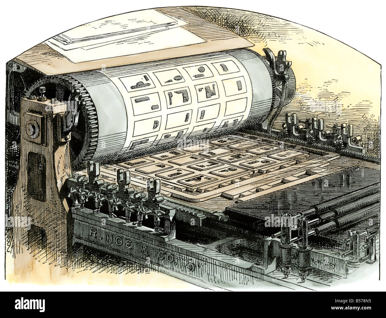 Hoe printing press showing type locked on the bed and overlays fixed on ...