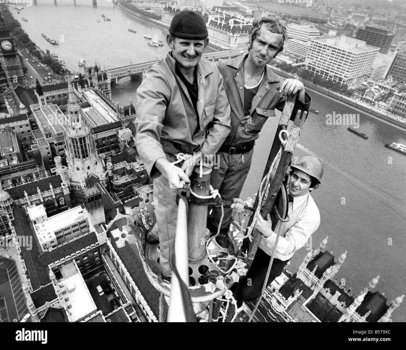 Steeple Jacks: Bird's eye view: Steeplejacks Chick Segar (left) Vic Grealey (centre) and boss ...
