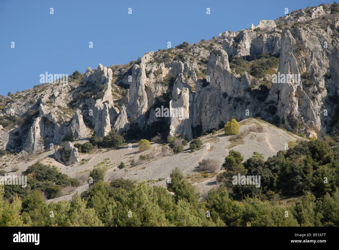 scree slope and Els Frares rock pinnacles, Sierra de Serrella, Comtat ...