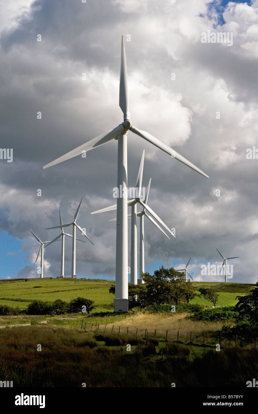 Taff Ely Wind Farm on hillside near Tonyrefail, producing electricity ...