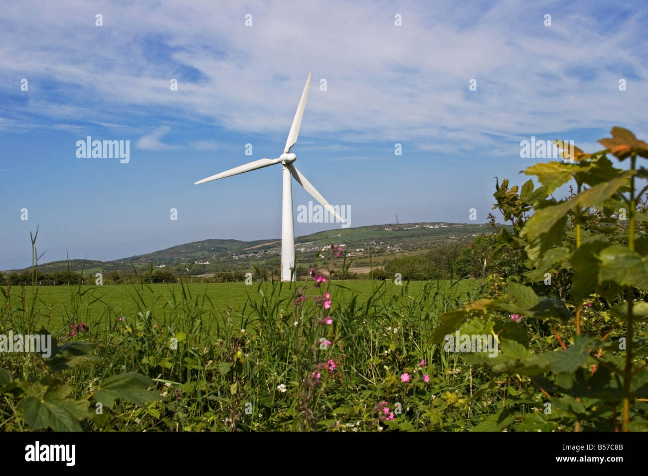 Wind power turbine, Trysglwyn Wind Farm, Anglesey producing electricity ...