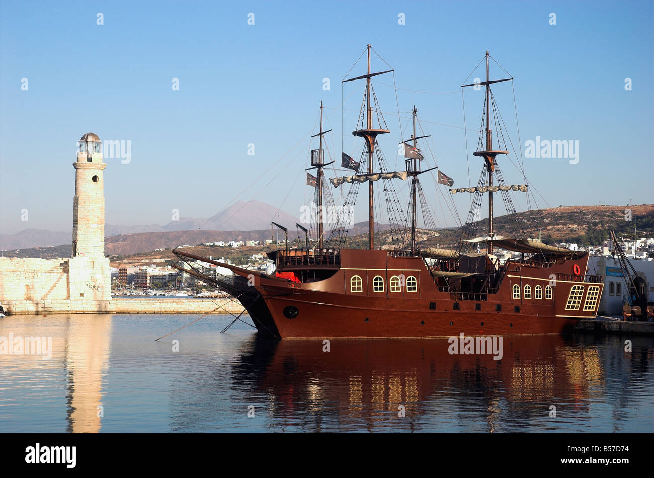 Pirate ship moored in Venetian harbour in Rethymnon Crete Greece ...