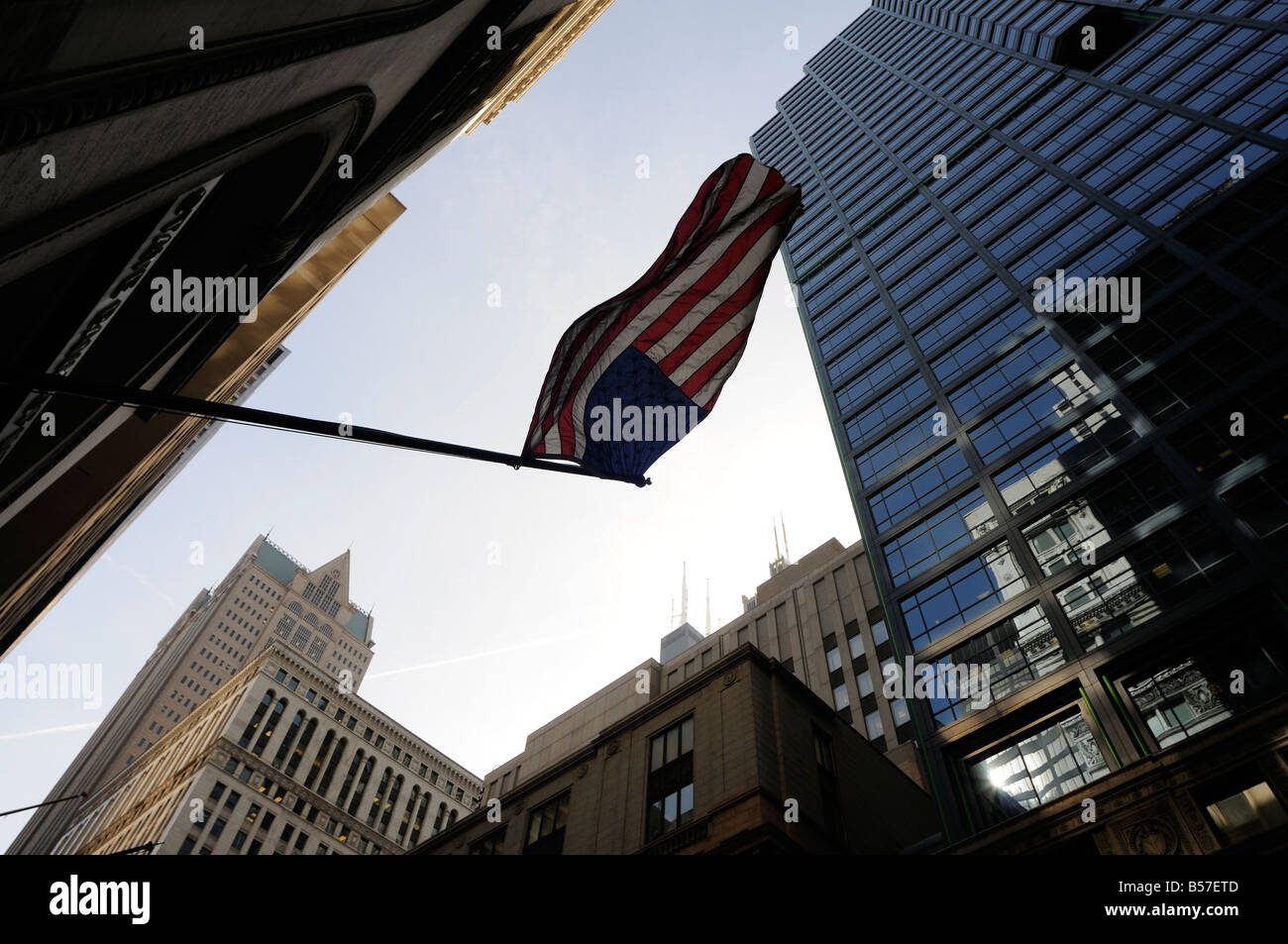 American Flag, neo-gothic roofing of 190 South LaSalle building (left ...