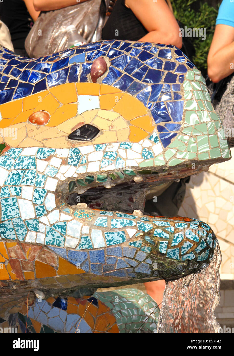Head shot of Antoni Gaudi's organic tile mosaic sculpture of a dragon ...