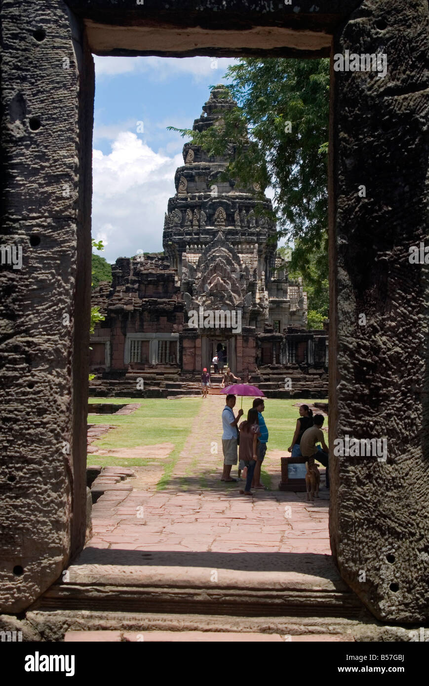the Khmer temples of Prasat Phimai in Thailand seen through a door ...