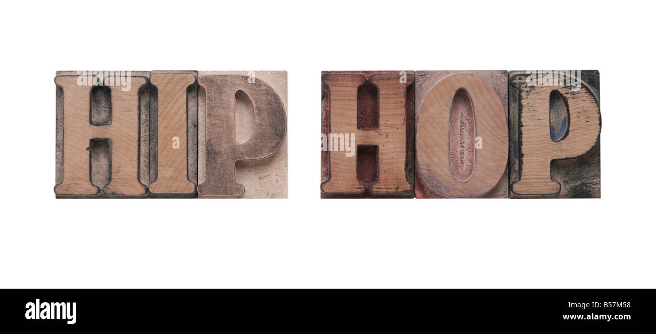 the words 'hip hop' in old, ink-stained wood type Stock Photo - Alamy