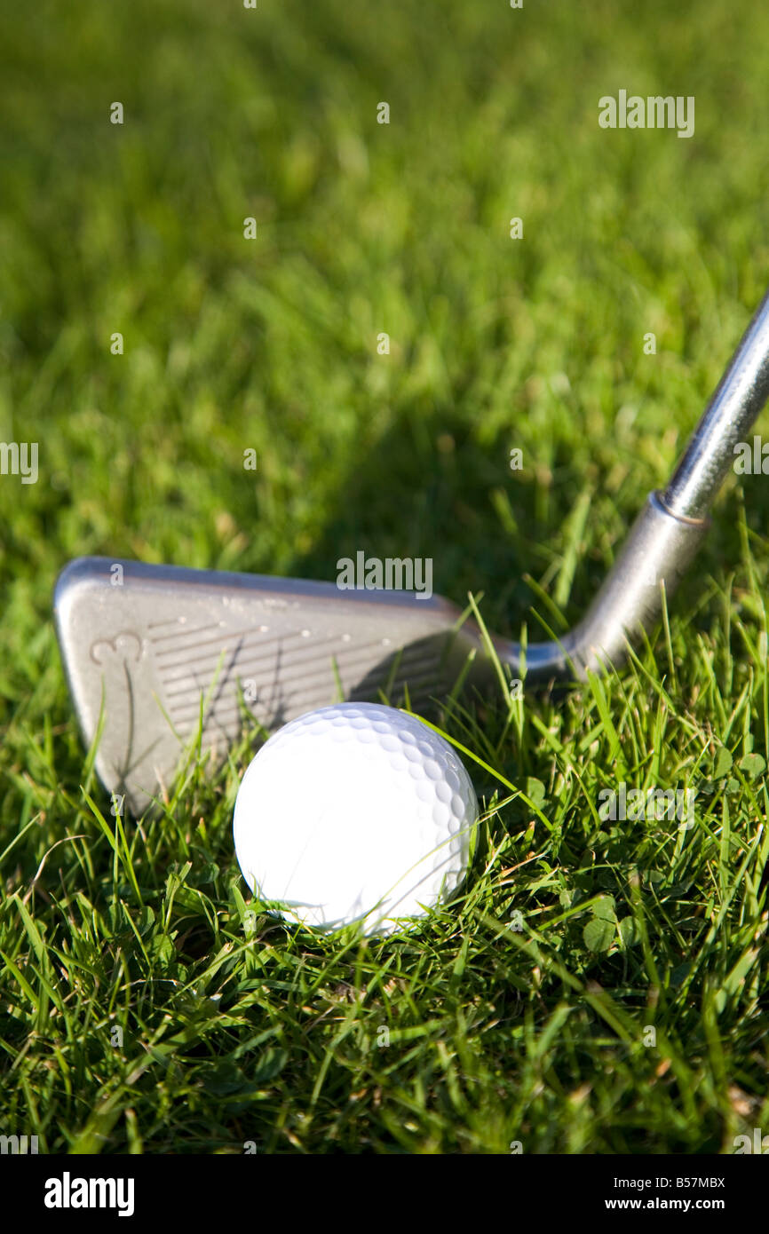 A dimpled golf ball sits on grass. A 3 iron head can be seen behind the ...