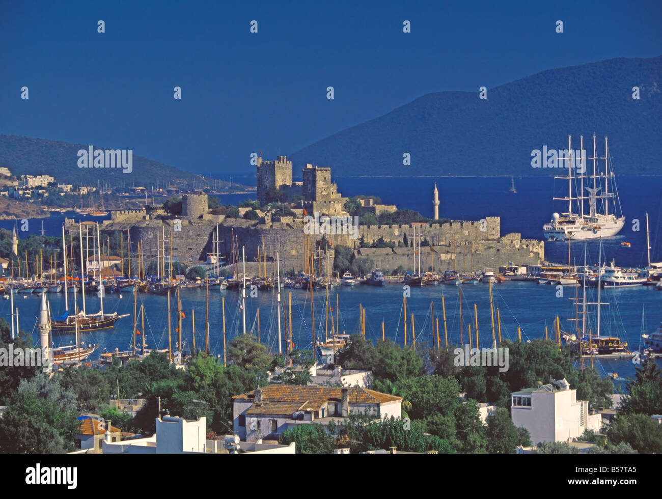 Castle of St. Peter and yachts moored in harbour, Bodrum, Anatolia ...
