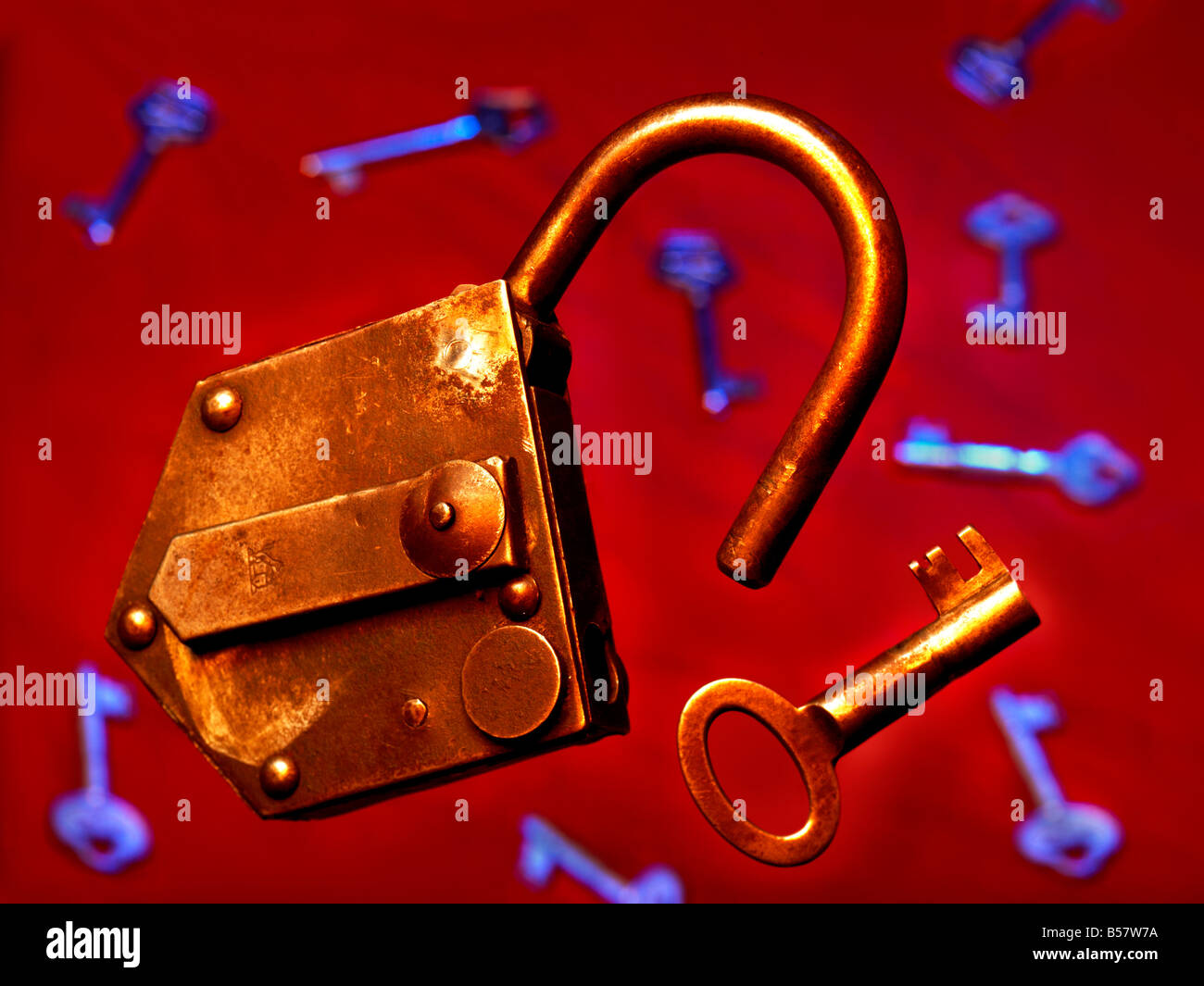 success key open lock unlock red background concept horizontal open ...