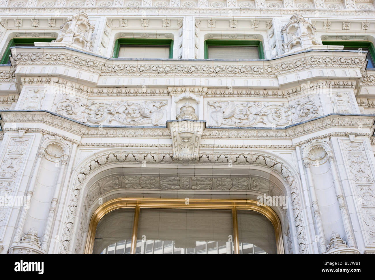 Ornate stonework above the entrance to the Wrigley Building, Chicago ...