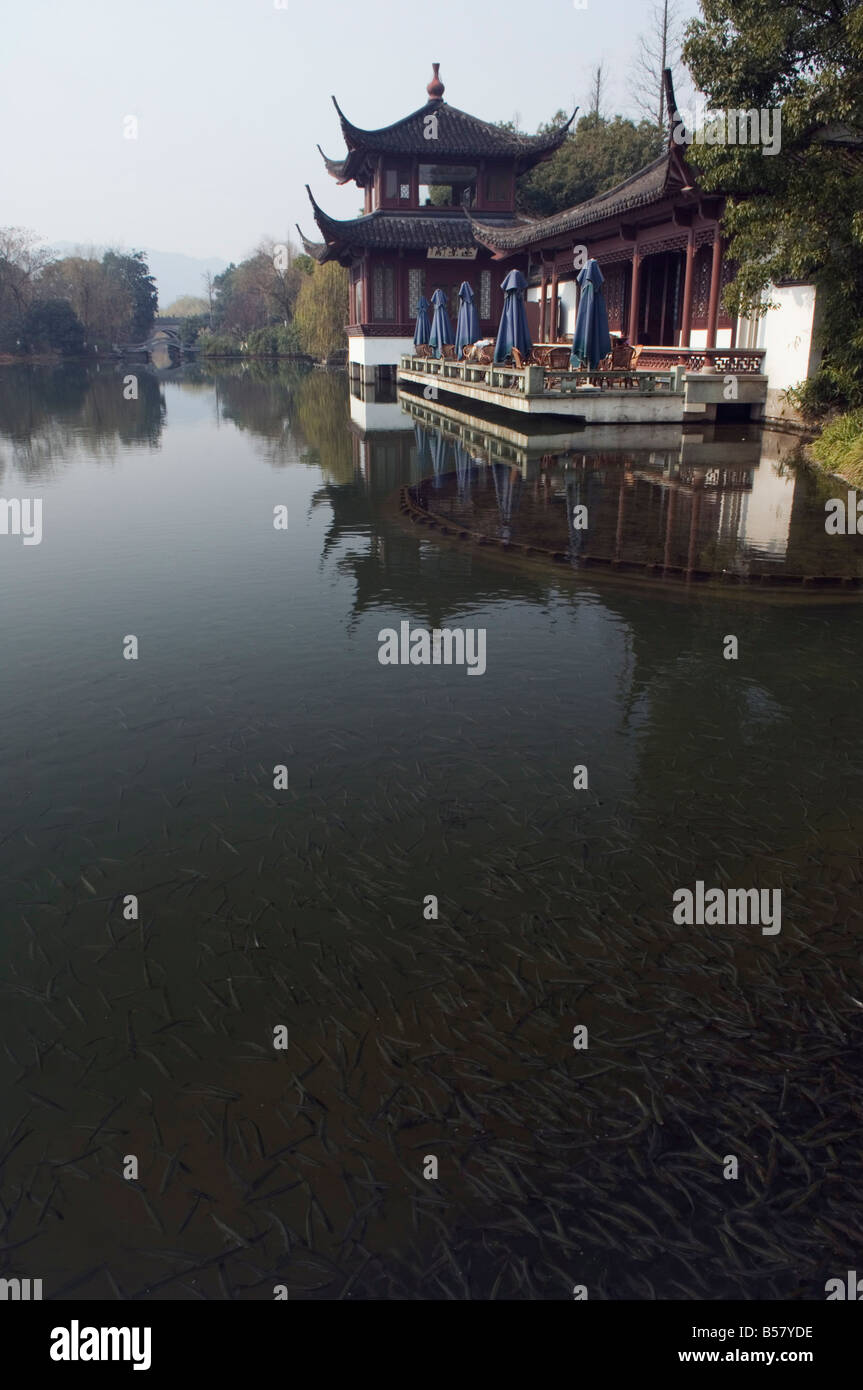 A waterside pavilion at Winding Garden at West Lake, Hangzhou, Zhejiang ...