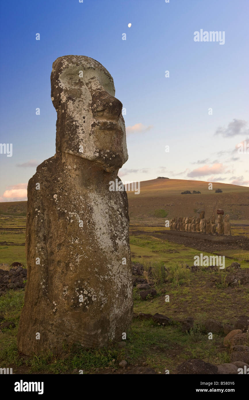 Lone monolithic giant stone Moai statue at Tongariki, Rapa Nui (Easter ...