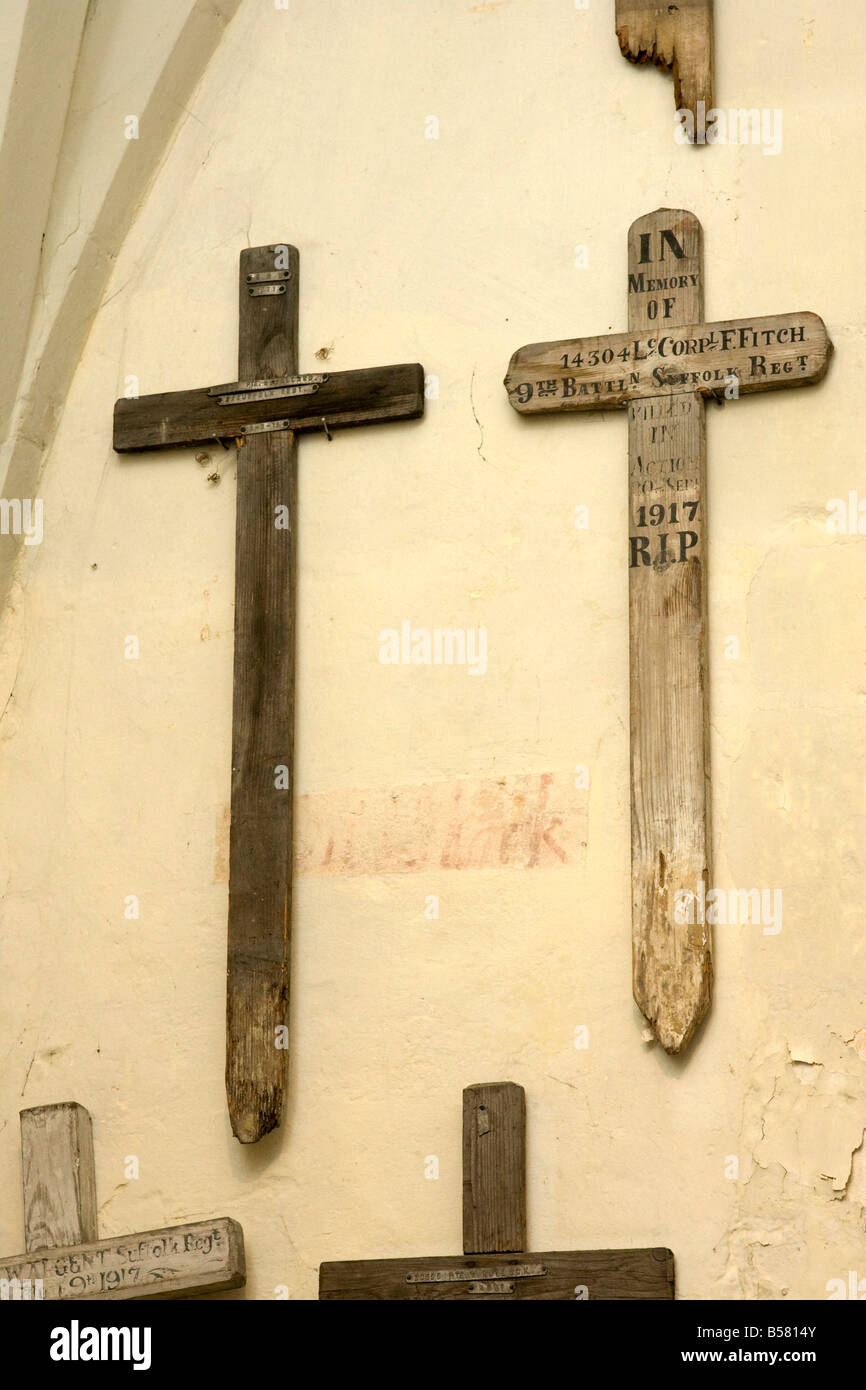 wooden crosses from old first world war graves on the wall inside St ...