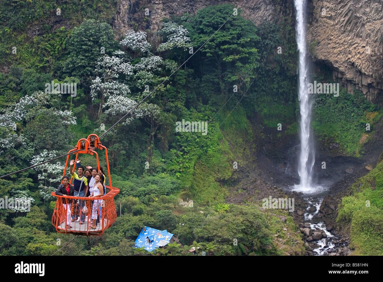 Cable car at the Rio Verde waterfall, near Banos, Ambato Province ...
