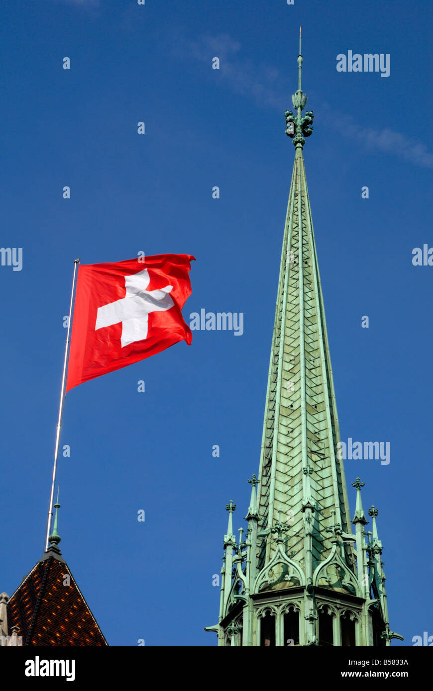 Ornate spire of St. Pierre Cathedral, old town, Geneva, Switzerland ...