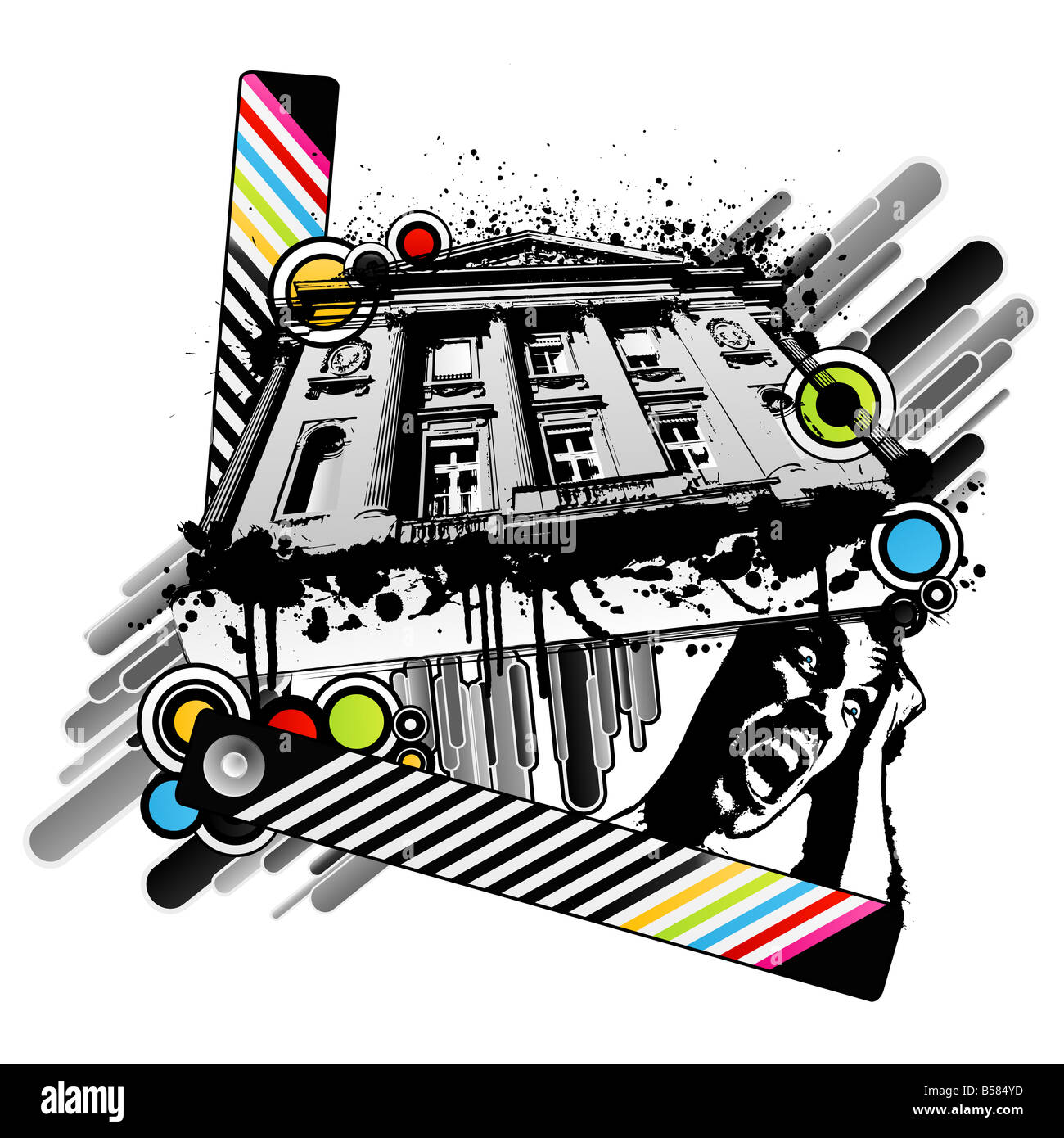 Vector illustration of a classic palace with colorful abstract circles ...