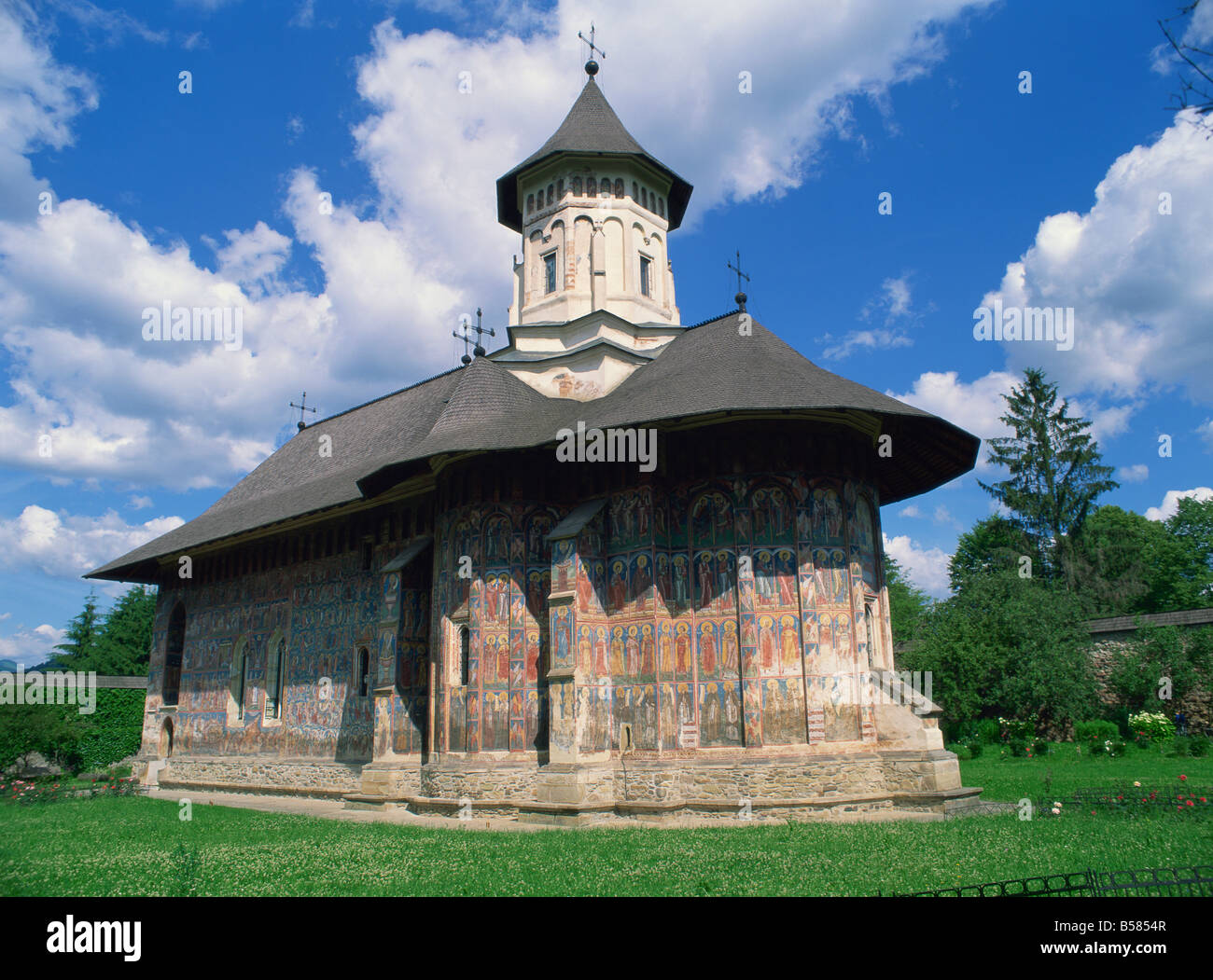 Moldovita Monastery from the southeast, exterior walls painted by Toma ...