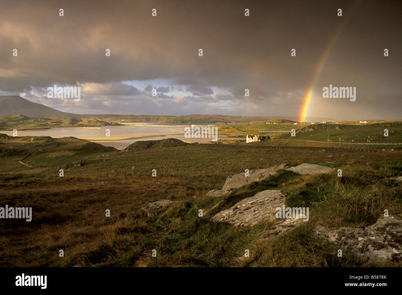 Rainbow over Uig sands (Traigh Chapadail), tidal area, from near ...