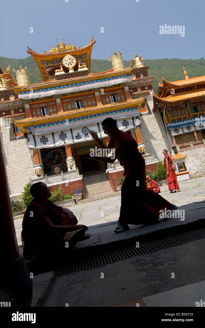Novice Buddhist monks sparring, Nanwu temple, Kangding, Sichuan, China ...