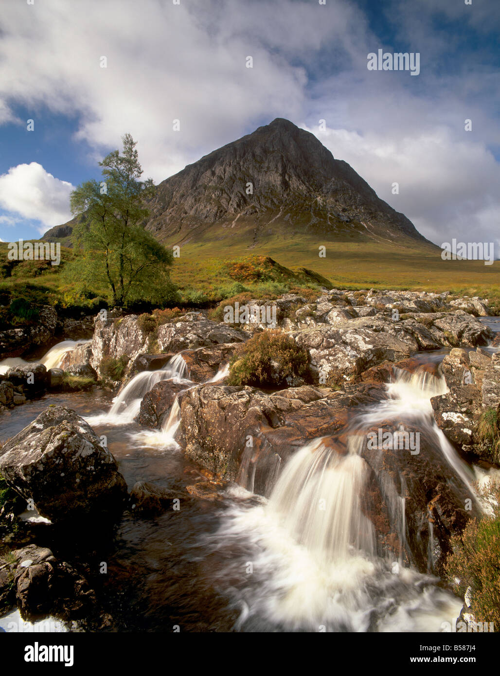 Waterfall on River Coupall, Buachaille Etive Mor in background, Glen ...