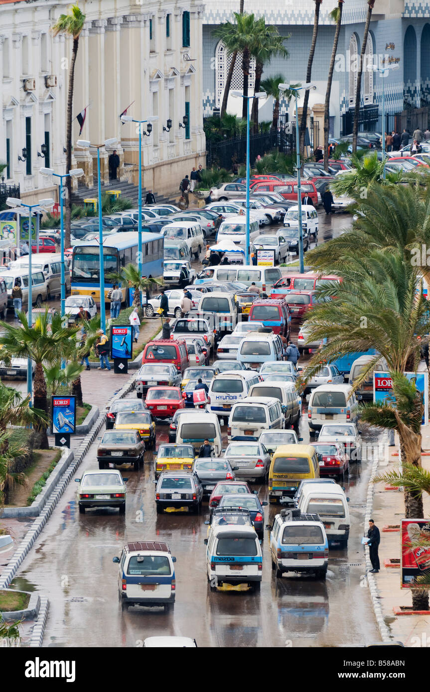 Traffic on the Sharia 26th July on the waterfront, Alexandria, Egypt ...