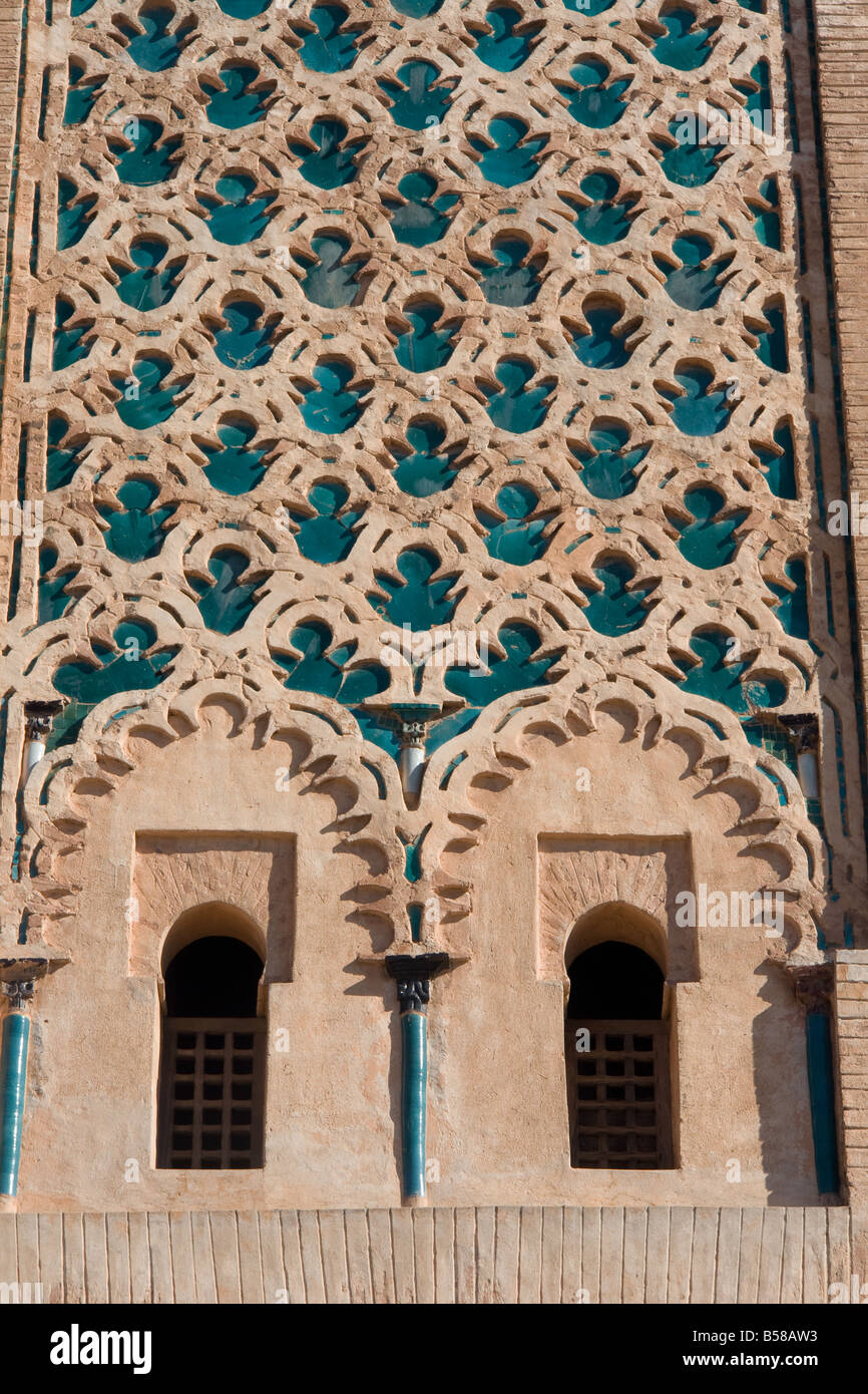 Detail of the minaret of the Mosque of Bab Debbagh (Marrakech ...