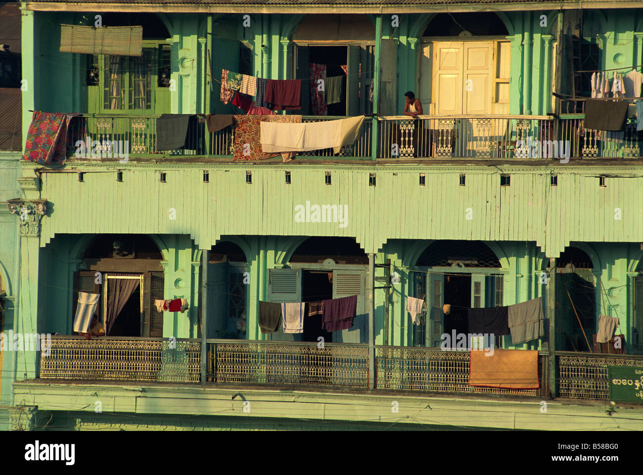 Detail of an apartment building facade in the Indian Quarter Yangon ...