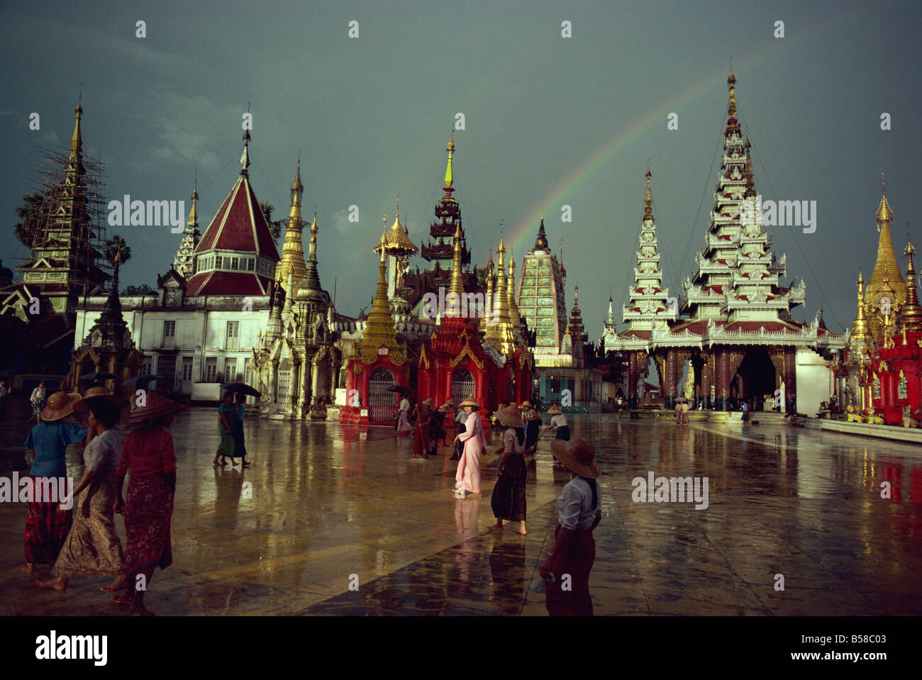 Rainbow after storm Shwe Dagon Pagoda Complex Yangon Rangoon Myanmar ...