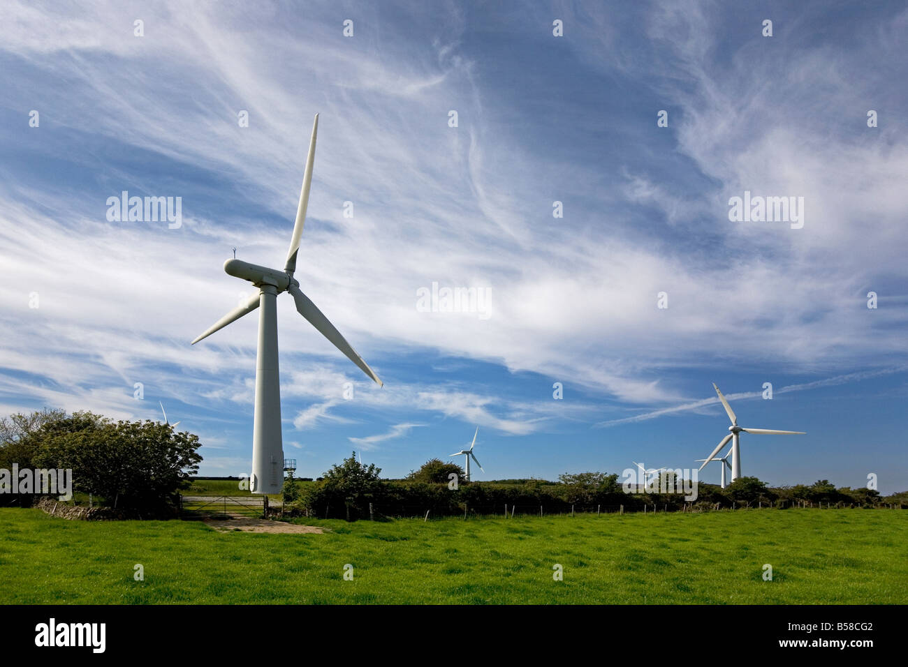 Wind power turbine and dramatic sky, Trysglwyn Wind Farm, Anglesey ...