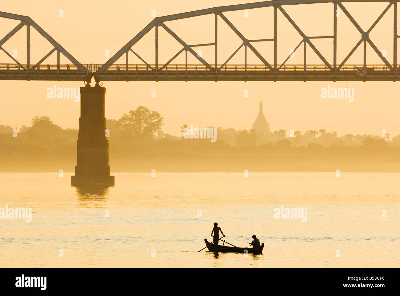 Boat and Ava Bridge (Inwa Sagaing Bridge), Ayeyarwaddy River, Myanmar ...