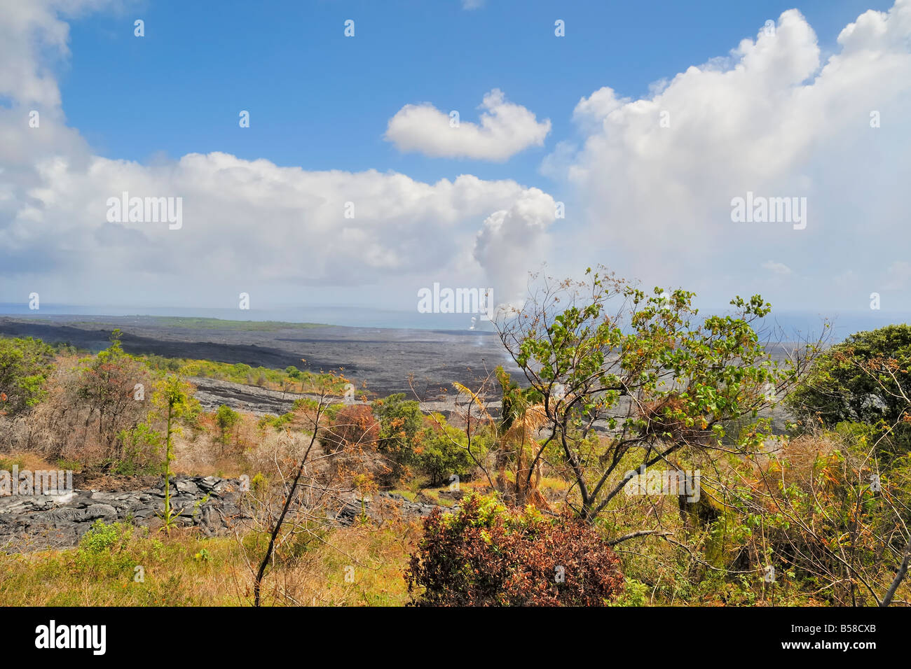View of active lava flow from abandoned house in the abandoned Royal ...