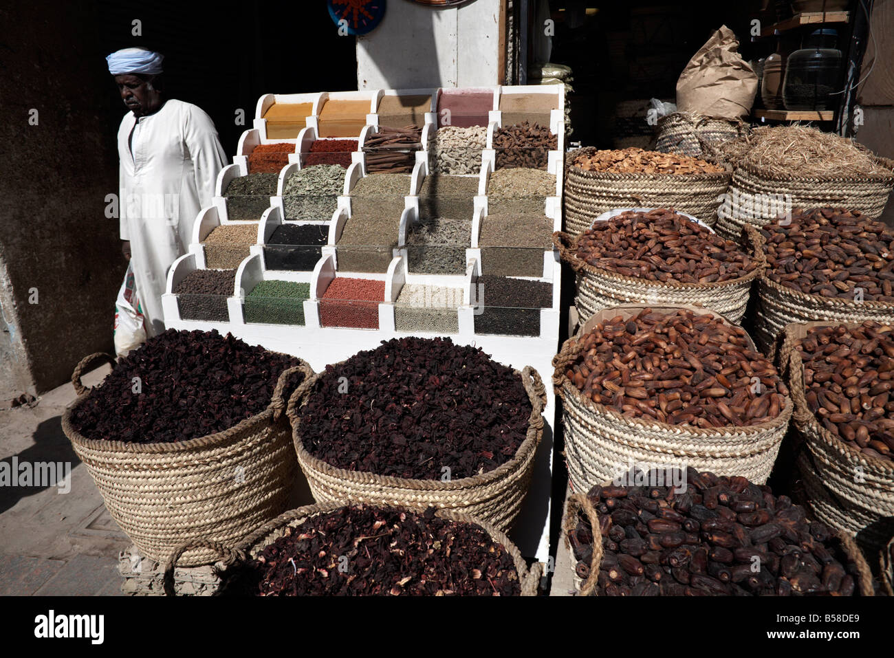 Various spices, dates and teas on sale at Aswan Souq, Aswan, Egypt ...