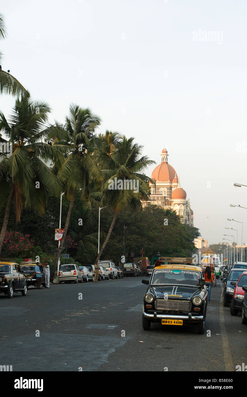 Taxi in street with Taj Mahal Hotel Colaba Apollo Bunder Mumbai Bombay ...