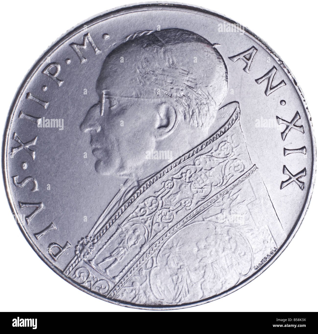 100 lira coin from the Vatican State, 1957. Portrait of Pope Pius XII (Eugenio Pacelli; 1876 ...