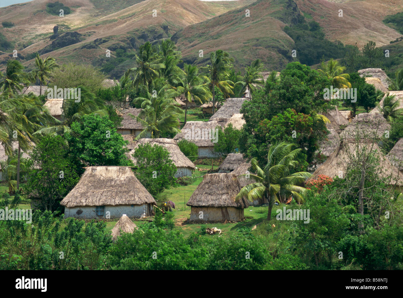 Traditional bures on regular grid pattern last old style village Navala ...