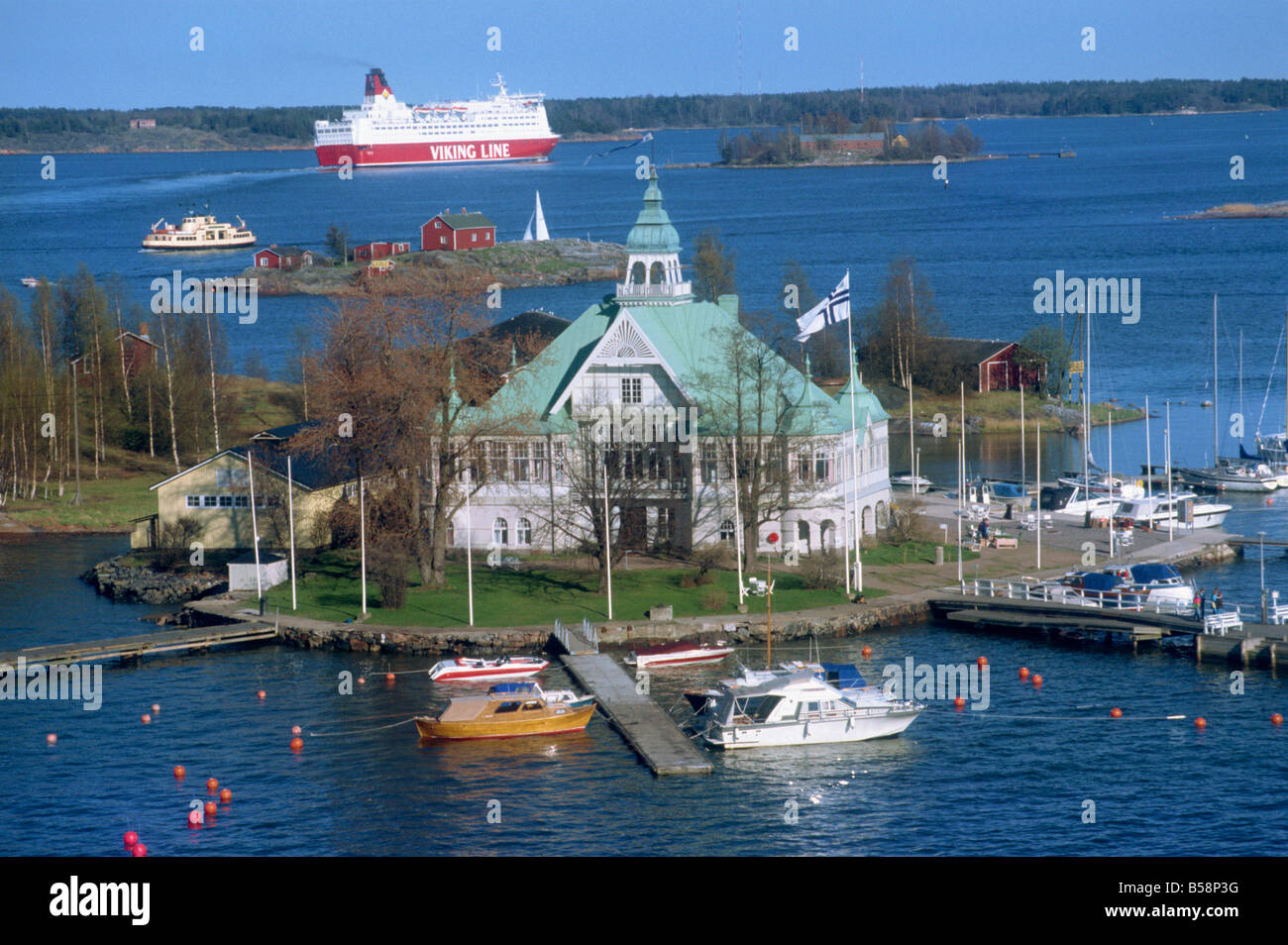 The yacht harbour of Valkosaari and a Viking Line ferry in the ...