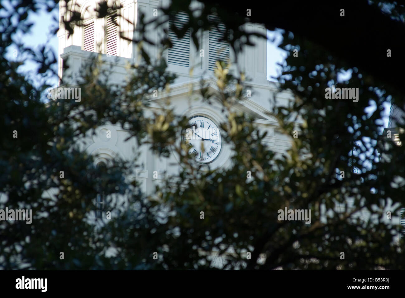 background blue church clock contrast focus focus foreground green ...