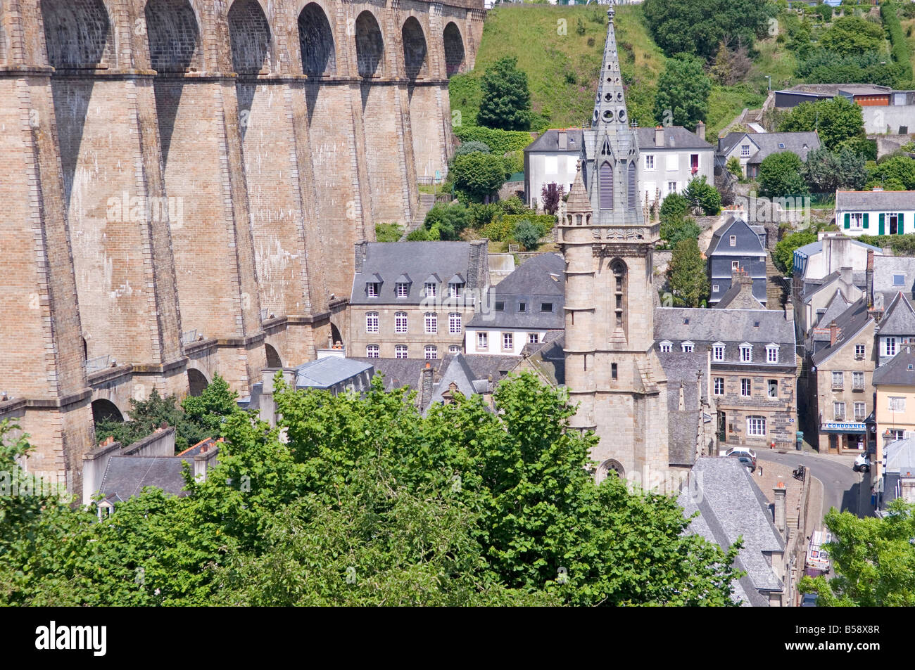 Town of Morlaix and its viaduct, North Finistere, Brittany, France ...