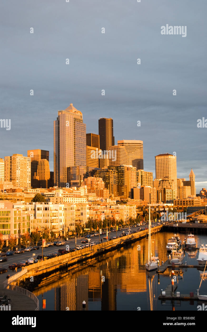 Sunset over Seattle and the Bell Harbor Marina Stock Photo - Alamy