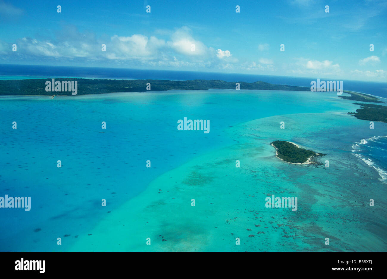 Aerial of atoll and reefs, Aitutaki, Cook Islands, Pacific Islands ...